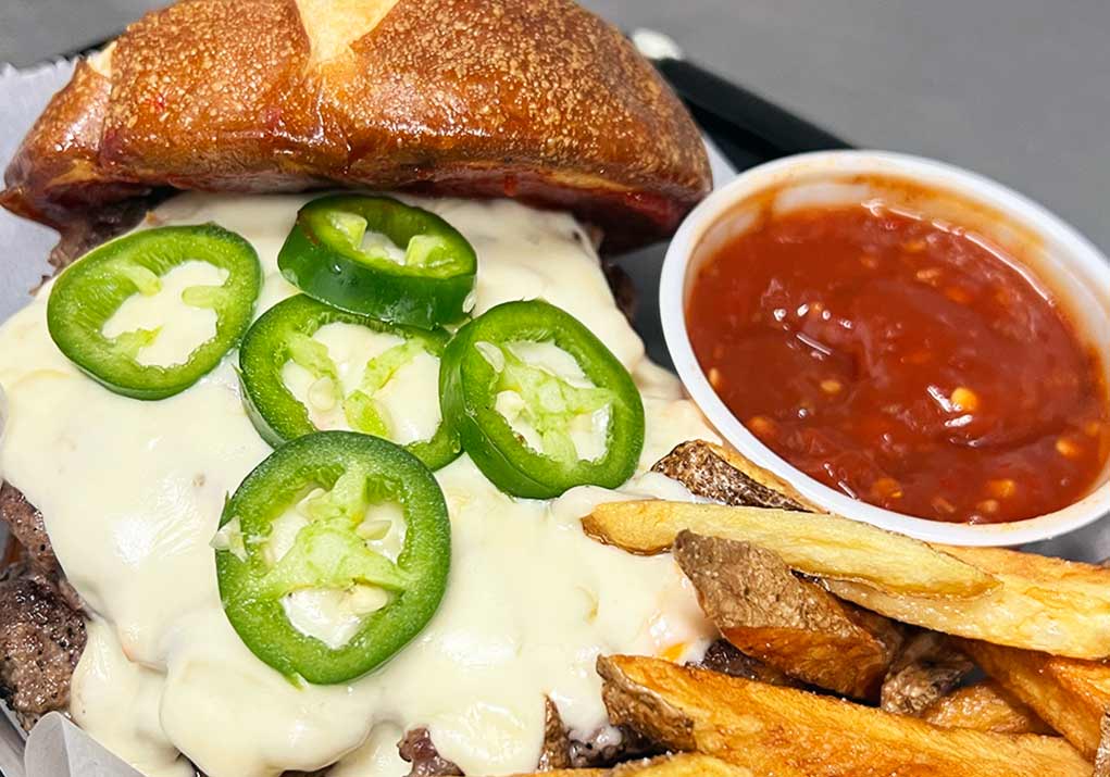 Double Griddle Burger on Pretzel Bun ~ Slab Kitchen The Diablo Double